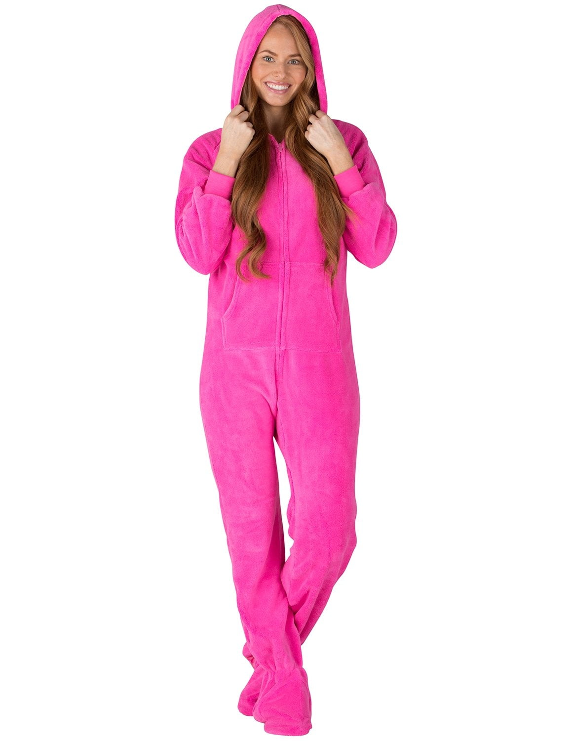 Big Feet Pajamas Adult Pink Plush Hooded One Piece Footy