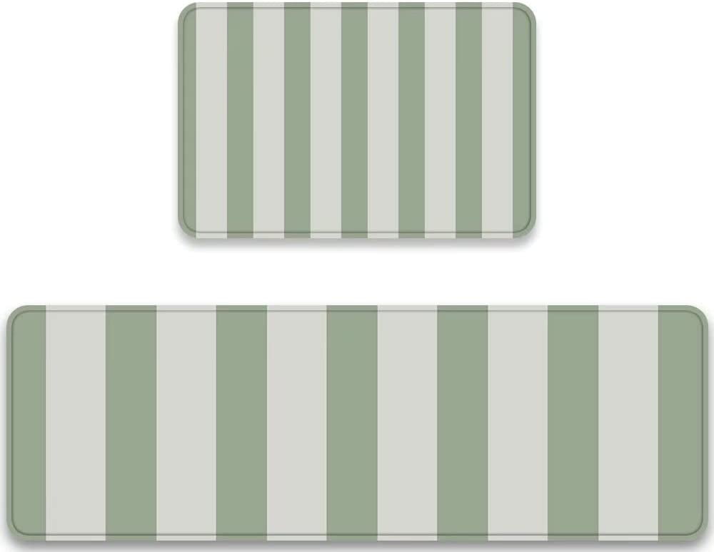 Sage Green Striped Kitchen Rug Set 2 Pieces Modern Comfort Standing ...
