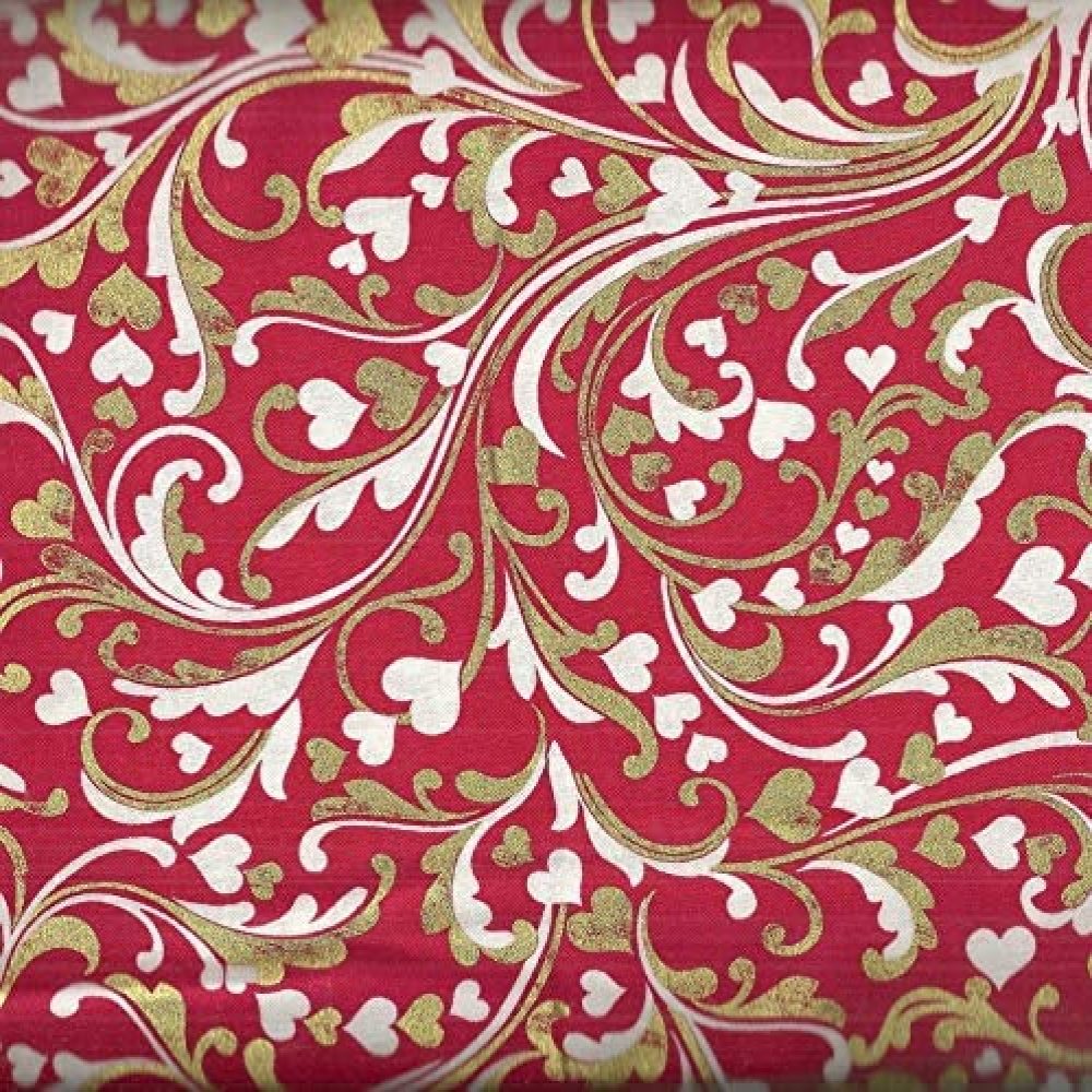 Visual Arts Dyeing & Batik Red Scroll Cotton Woven Fabric with Metallic ...