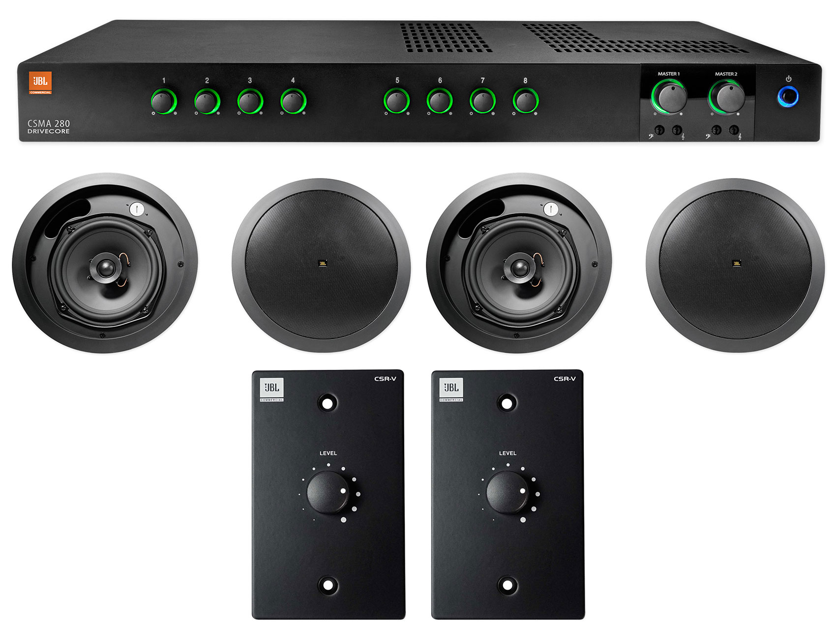 JBL CSMA280 Commercial Amplifier+4) 6.5" Black Ceiling Speakers+2) Wall ...