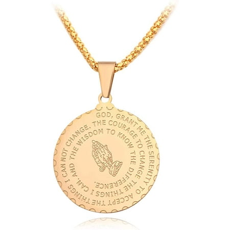 Bible Verse Prayer Pendant Necklace - Gold Christian Jewelry Stainless Steel Praying Hands Coin ...