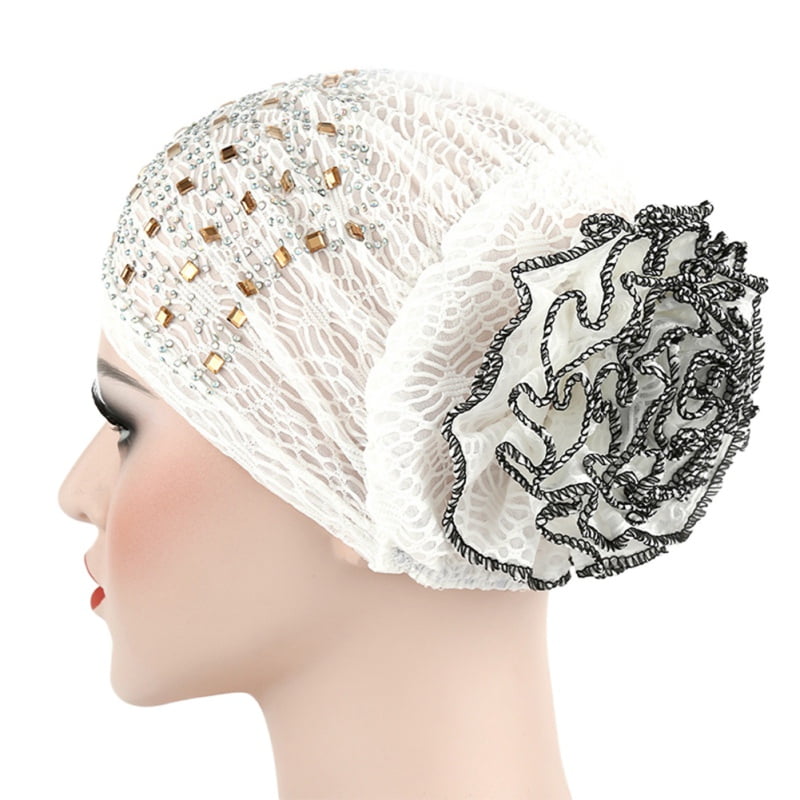 Women Muslim Inner Hijabs Lace Solid Color Flower With Diamonds Elastic ...