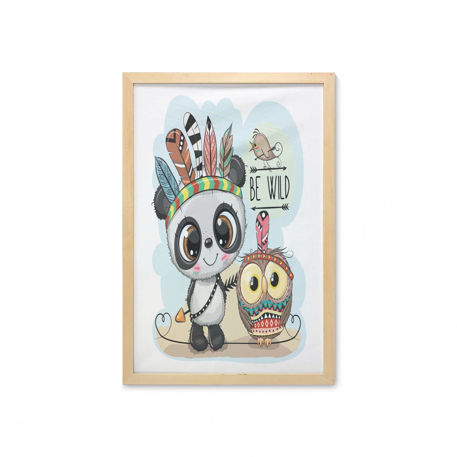 Be Wild Wall Art with Frame, Tribal Cartoon of a Panda an Owl and a ...