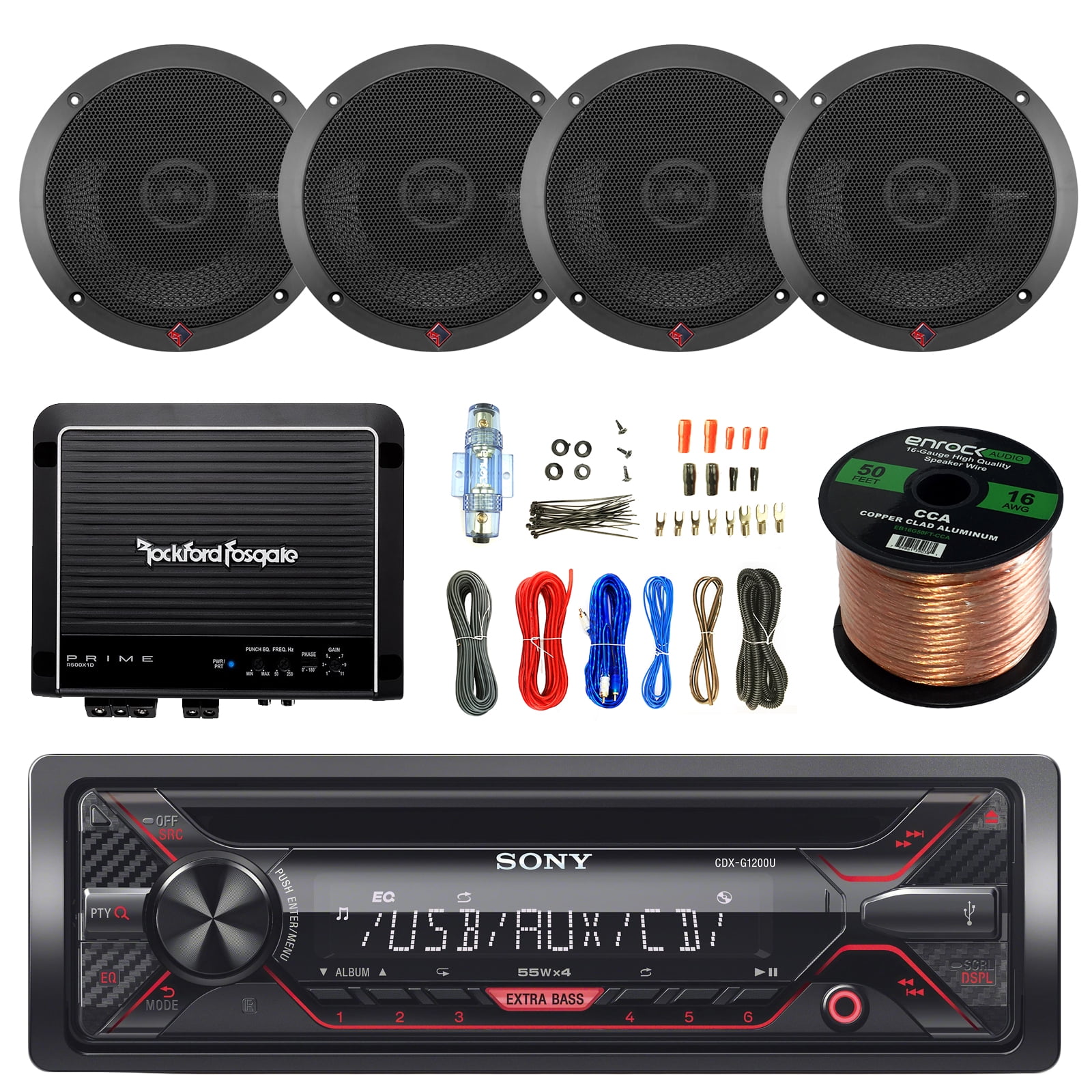 Sony CDX-G1200U 55W CD Receiver, 4X Rockford P1650 6.5-Inch 2-Way Full ...