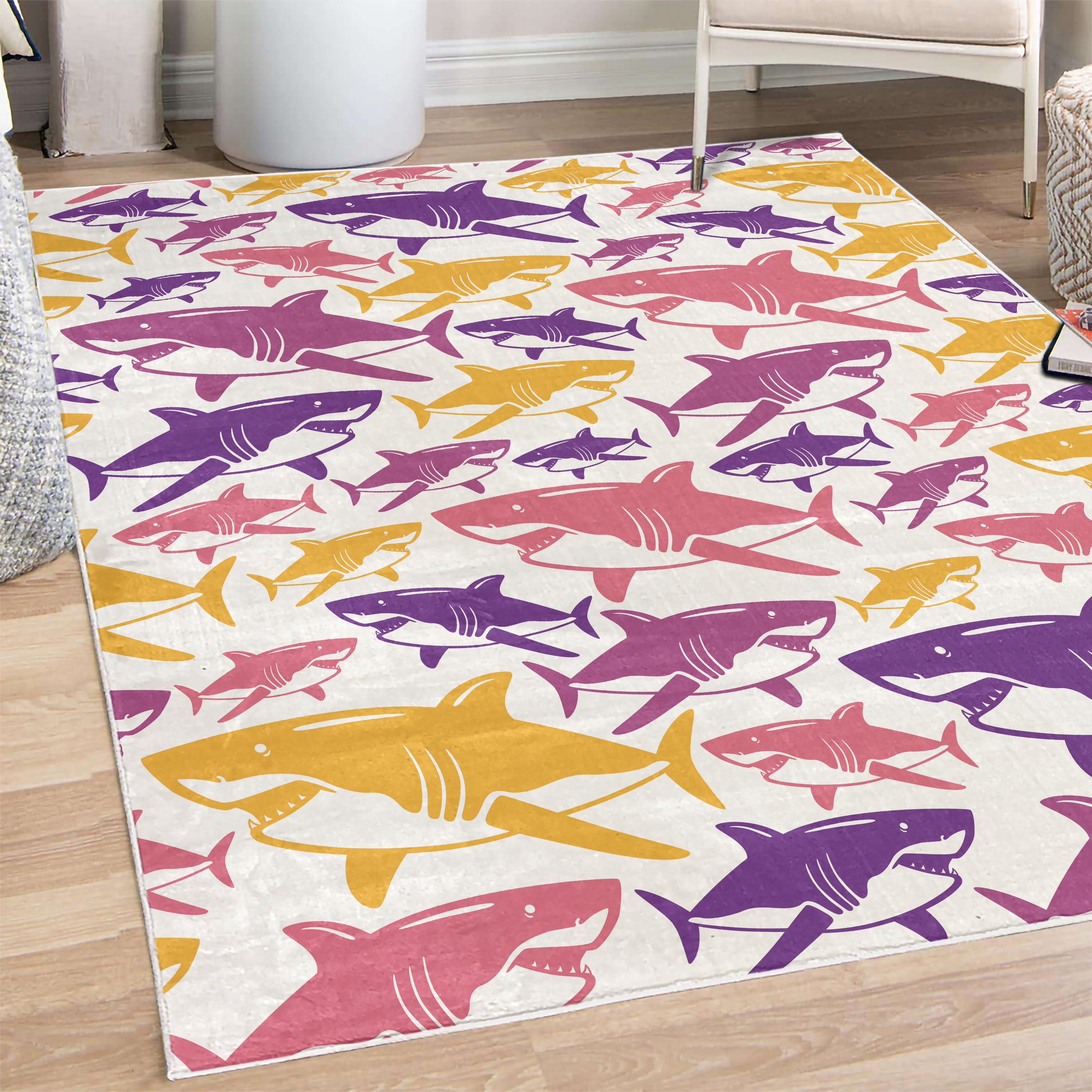Shark Decorative Rug, Colorful Underwater Fish Pattern Masters Survival ...
