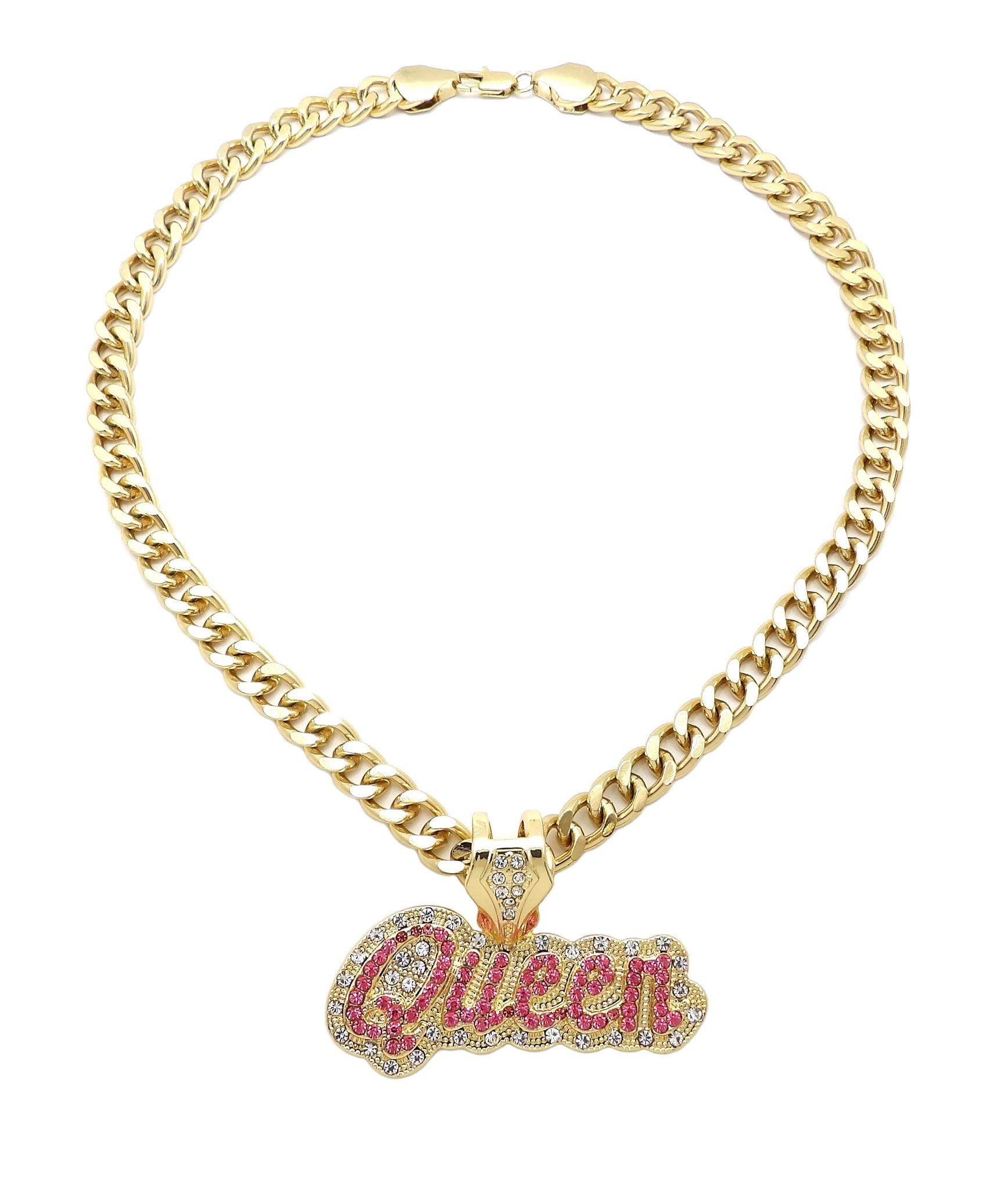 Stone Stud Script Letter Queen Pendant with 11mm Cuban Chain Necklace ...