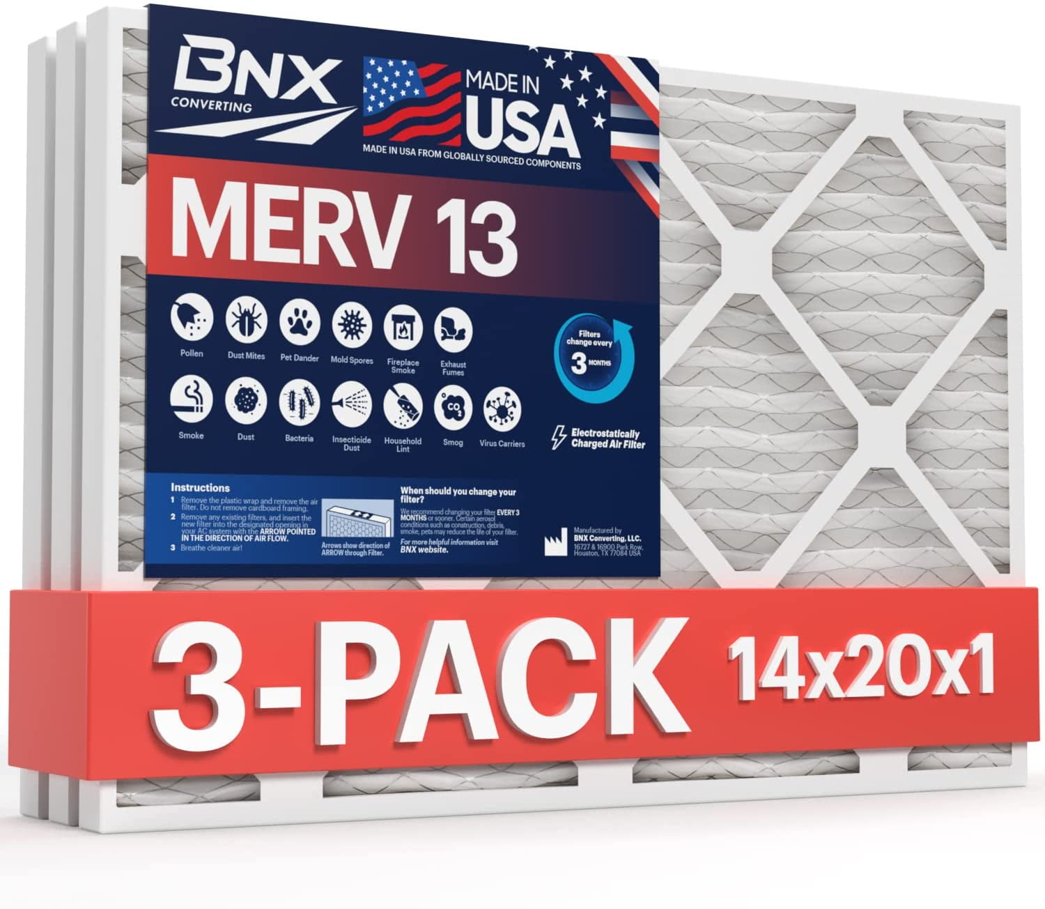 BNX 14x20x1 MERV 13 Air Filter 3 Pack MADE IN USA Electrostatic BNX 14x20x1 MERV 13 Air Filter 3 Pack MADE IN USA Electrostatic