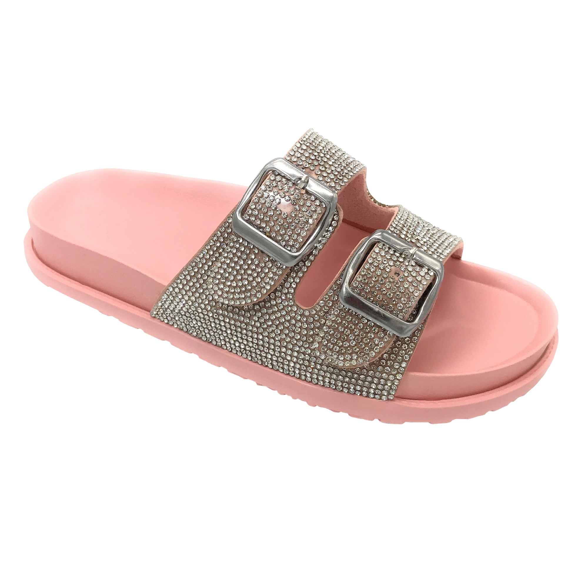 SNJ New Women's Rhinestone Glitter Footbed Buckled Double Strap Slide ...