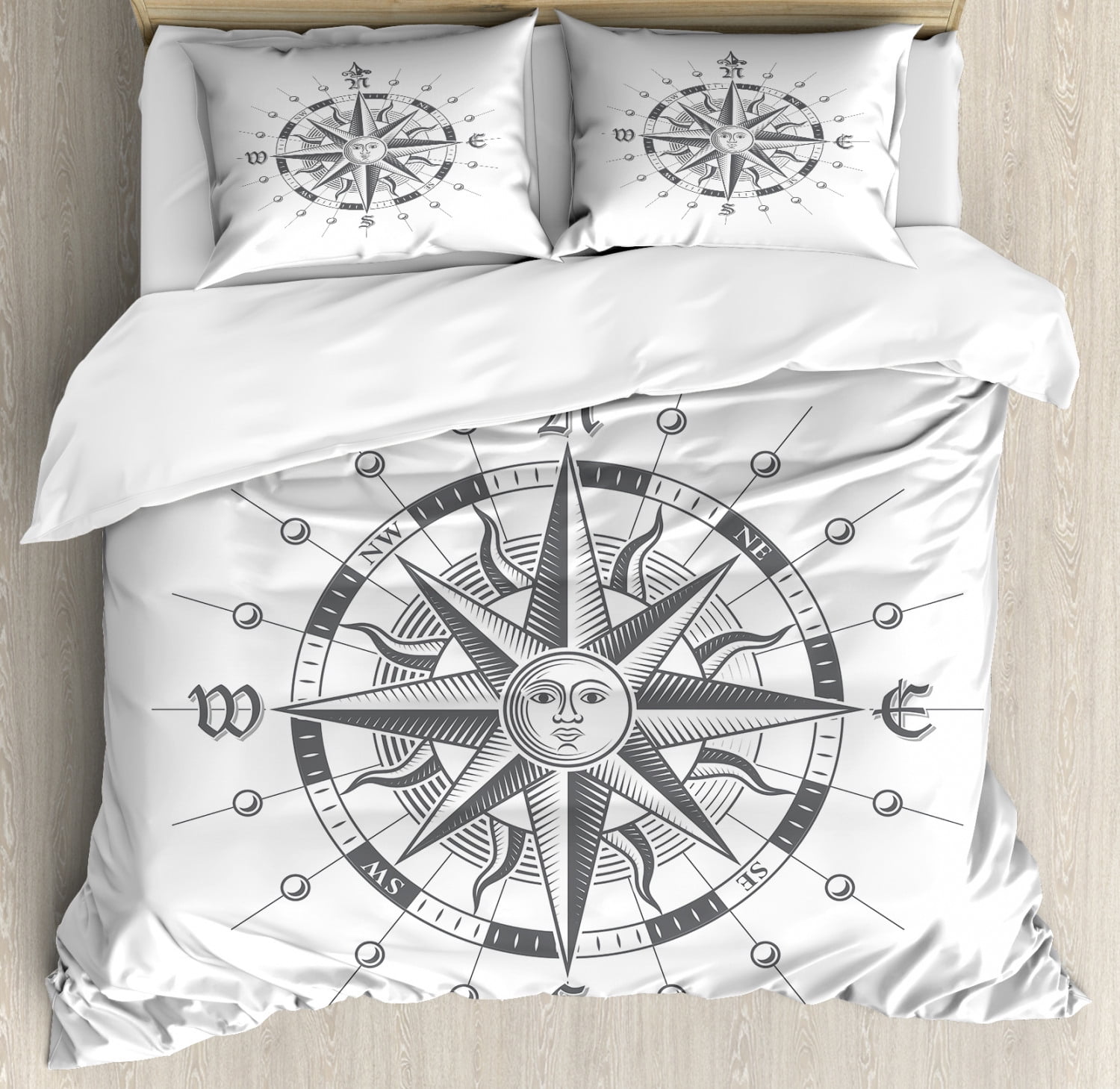 Compass Duvet Cover Set King Size, Hand Drawn Compass with the Face of ...