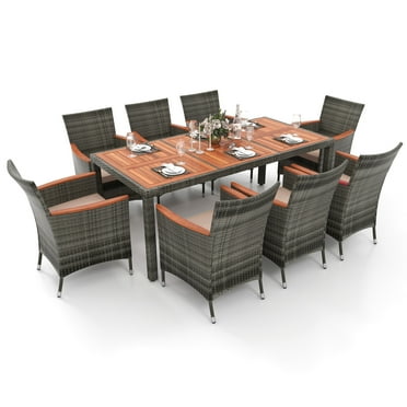 Gymax 9PCS Rattan Patio Dining Set w/ 8 Stackable Cushioned Chairs Wooden Tabletop - Walmart.com