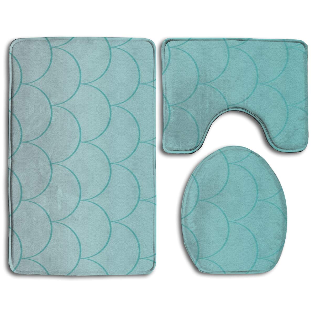 Chaplle Teal Mermaid Scales 3 Piece Bathroom Rugs Set Bath Rug Contour