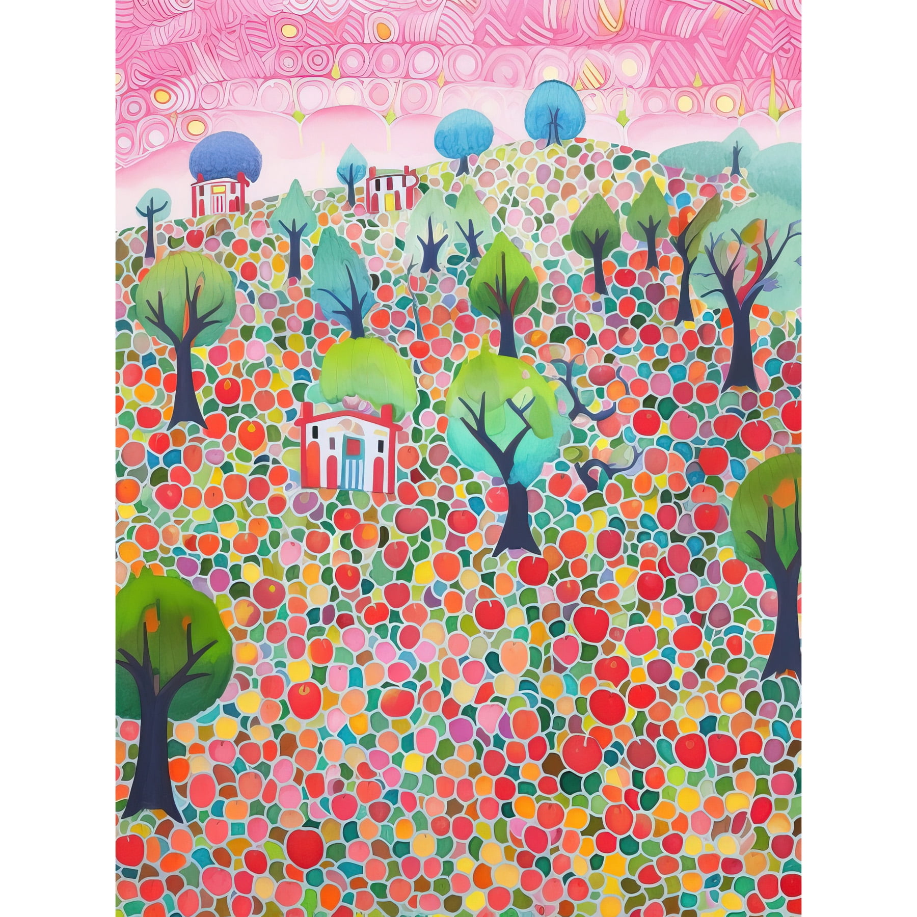Apple Tree Orchard Fields At Sunset Folk Art Watercolour Painting ...
