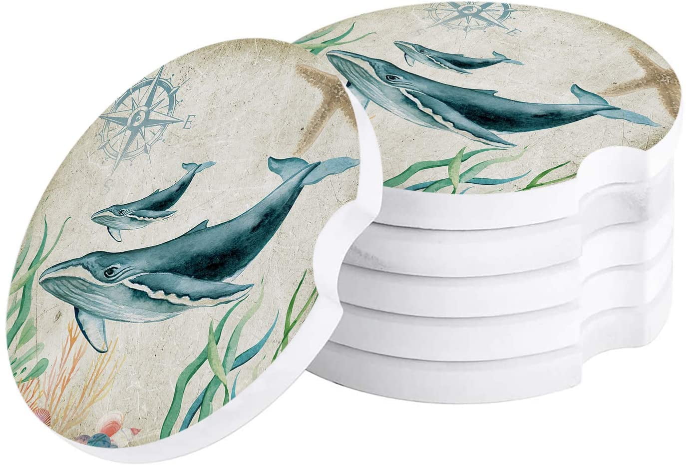 FMSHPON Ocean Theme Whale Retro Set of 4 Car Coaster for Drinks ...