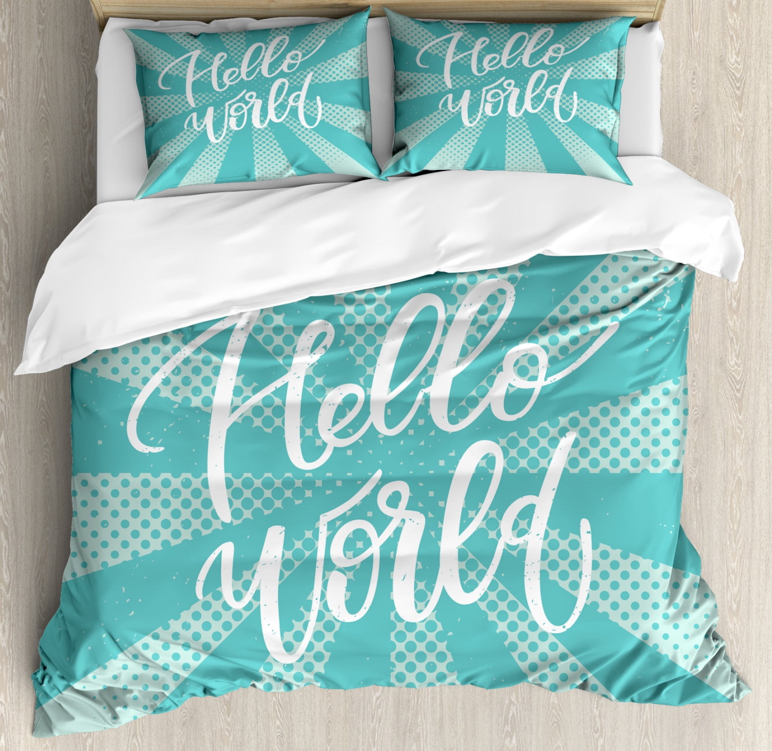 Hello World Duvet Cover Set Queen Size, Pattern of Retro Sun Ray and Dotted Background ...