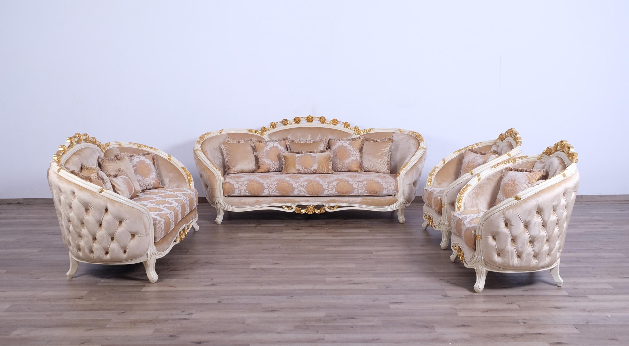 Luxury Beige & Gold Wood Trim VALENTINE Sofa Set 4 EUROPEAN FURNITURE ...