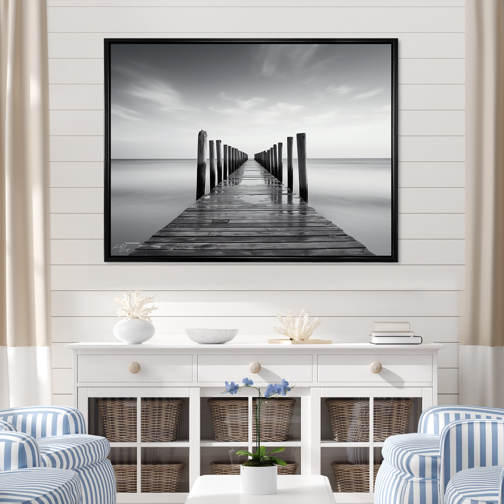 Click here for Designart Large Coastal Pier Framed Wall Art  Mono... prices