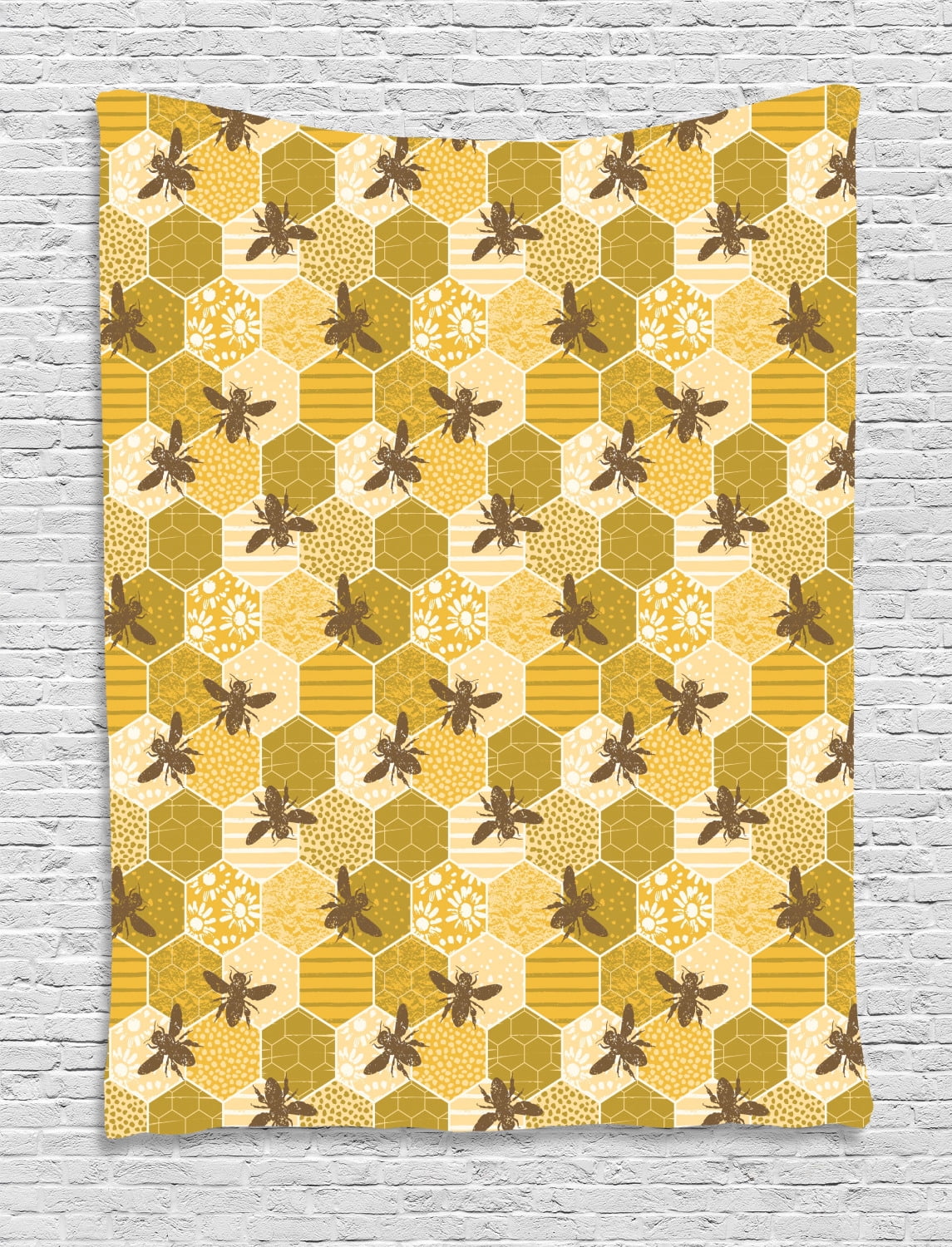 Bee Tapestry, Grungy Silhouettes of Multiple Bee Figures on Geometric ...