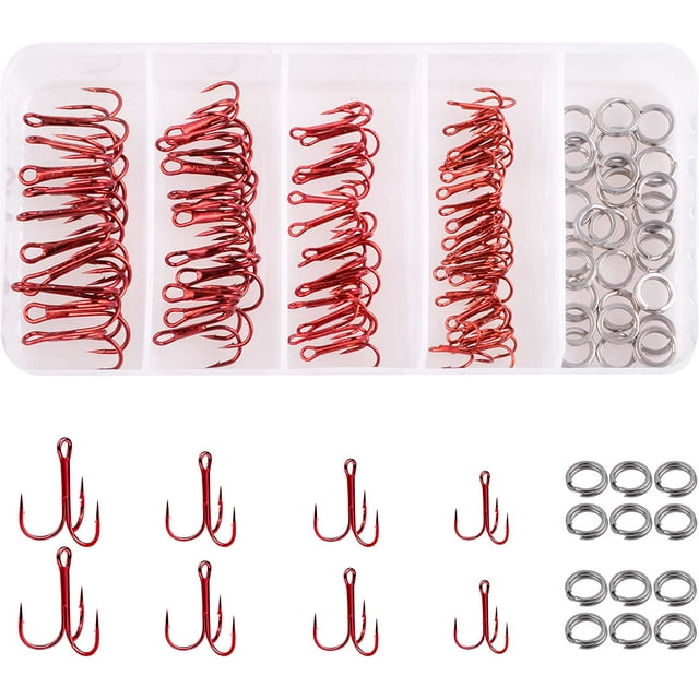 Fishing Red Treble Hooks Double Split Rings Stainless Steel Set, 100Pcs ...