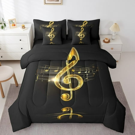 Golden Musical Notes Comforter Set 7 Piece Bed in a Bag Twin,Pop Music ...