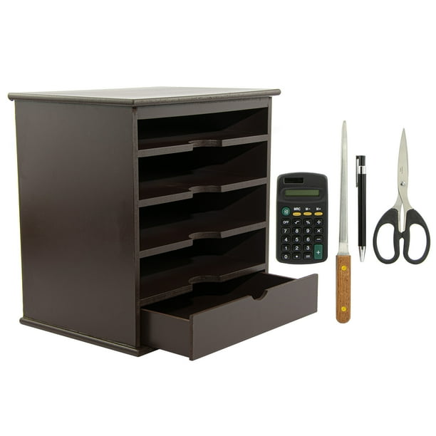 Dark Brown Wood 4-Shelf Desktop Organizer with Drawer Plus 4-pc Supply ...