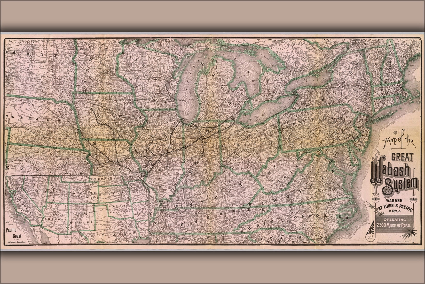 24"x36" Gallery Poster, 1886 Railroad Map of the Wabash, St. Louis and ...