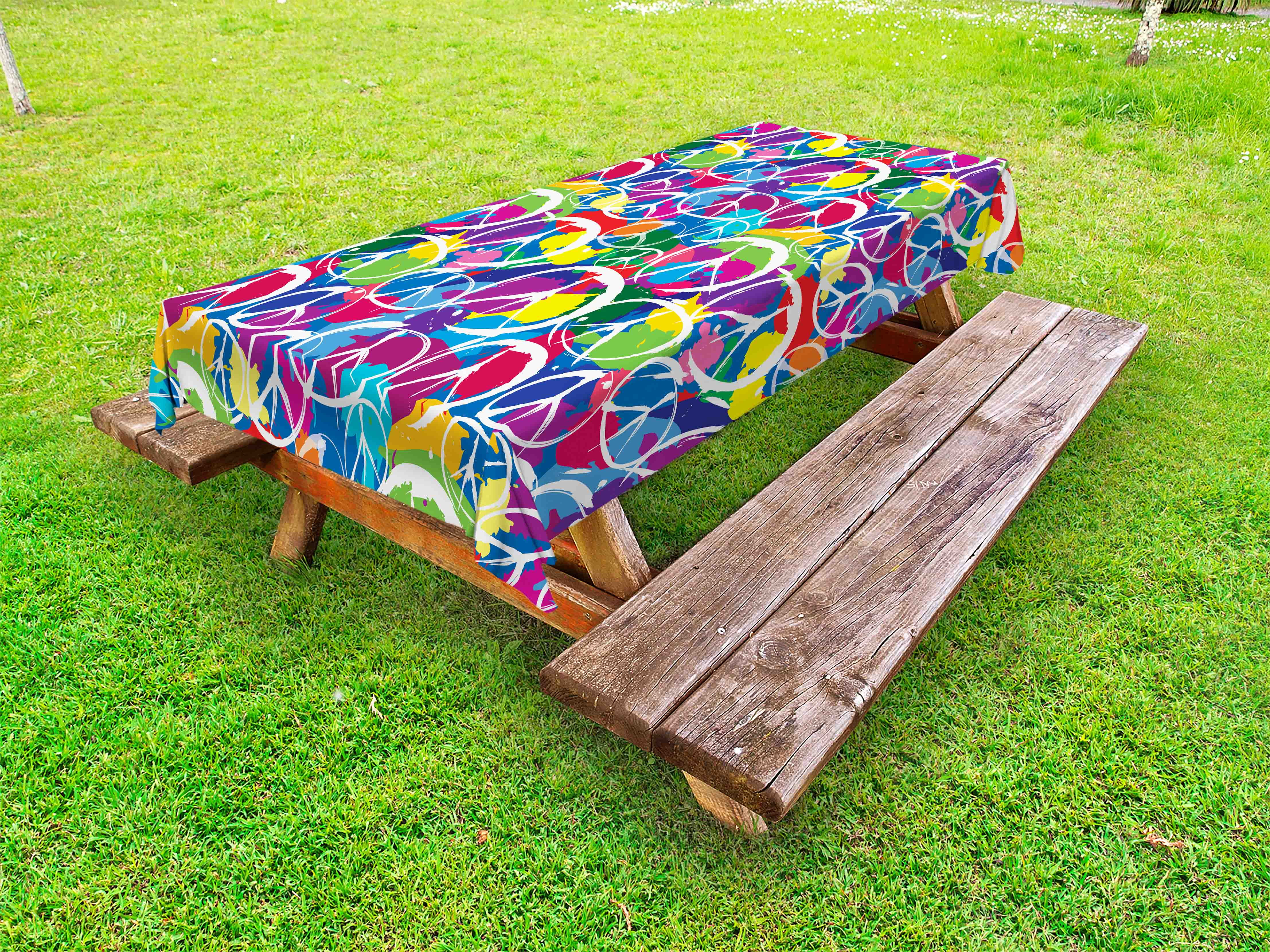 Retro Outdoor Tablecloth, Universal Peace Sign Symbol on Colorful Pop ...