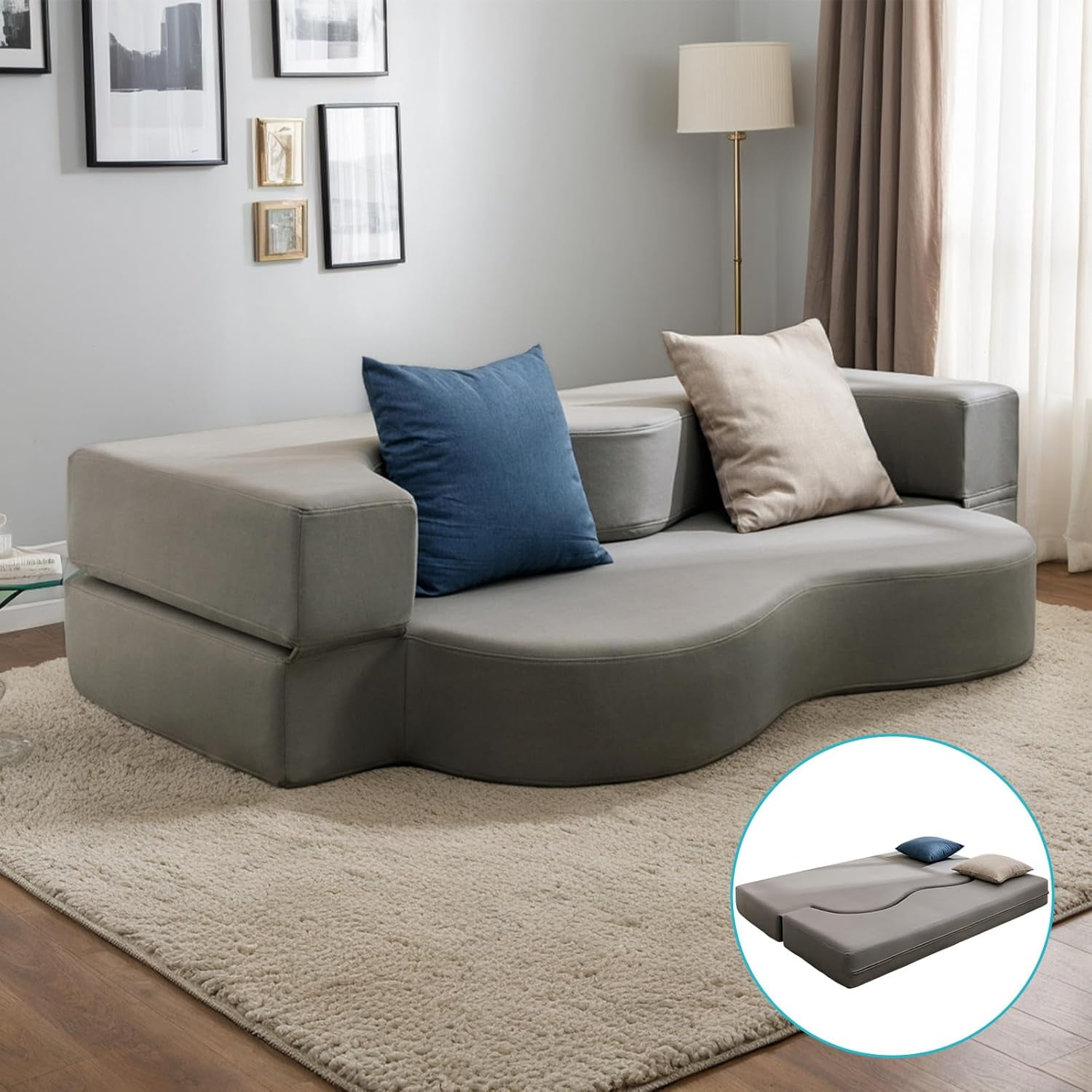 Puremind Queen Foldable Futon Sofa Bed  2-In-1 Sleeper Sofa  Floor Couch Bed For Small Spaces/Living Room/Guest Room  No Assembly Required  Light Gray