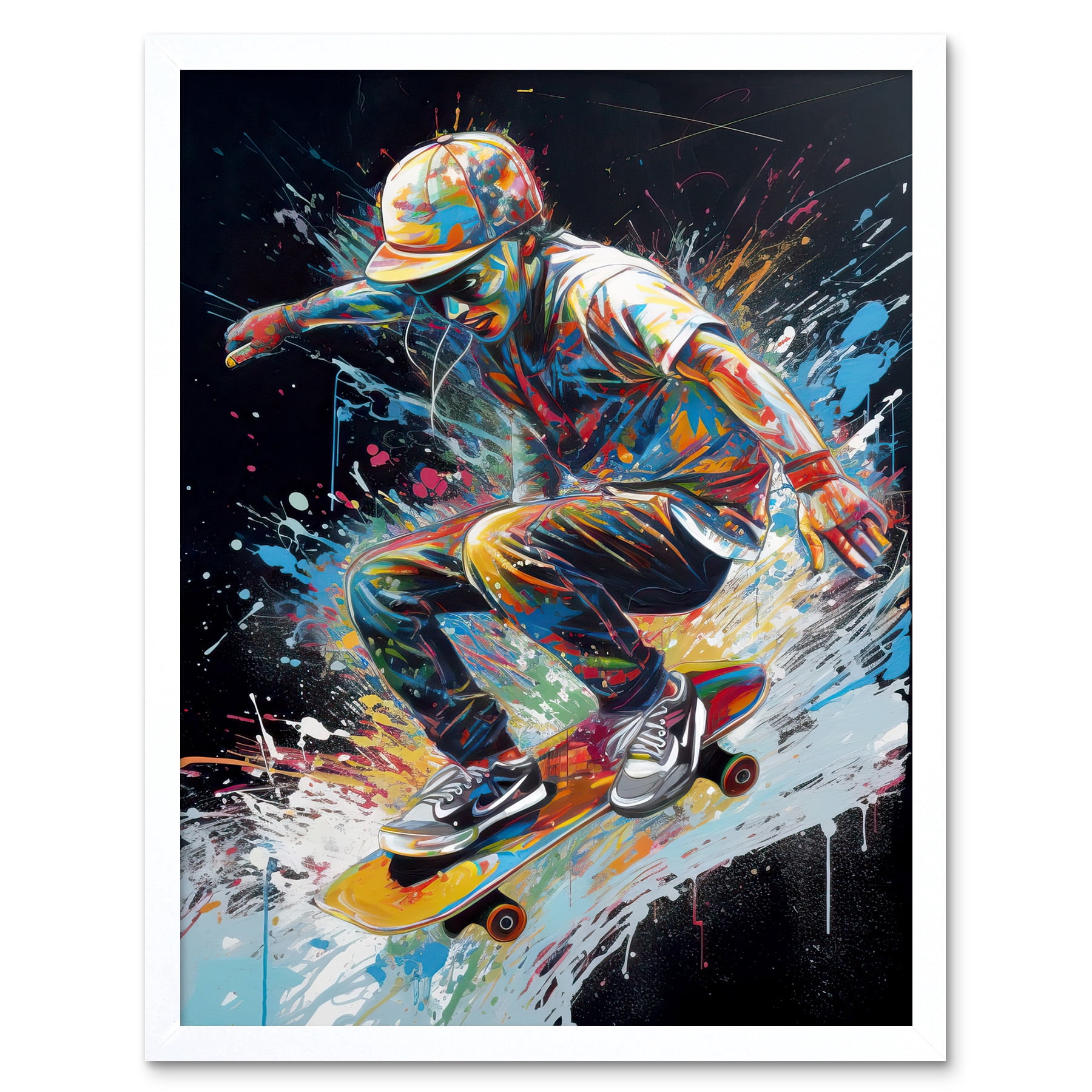 Skateboarder Skating Multicoloured Splat Paint Art Print Framed Poster ...