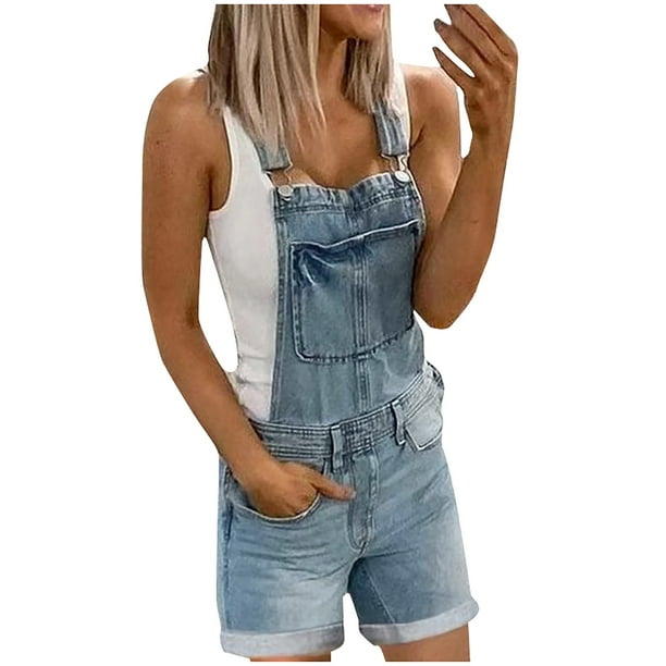 BLVB Women's Relaxed Fit Denim Bib Overalls Shorts, Adjustable, Washed ...