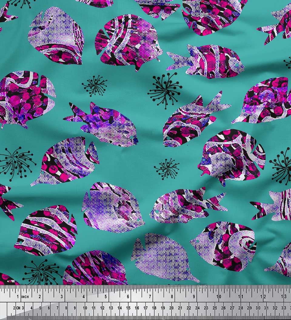 Soimoi Silk Fabric Coral & Textured Fish Ocean Print Fabric by The Yard ...