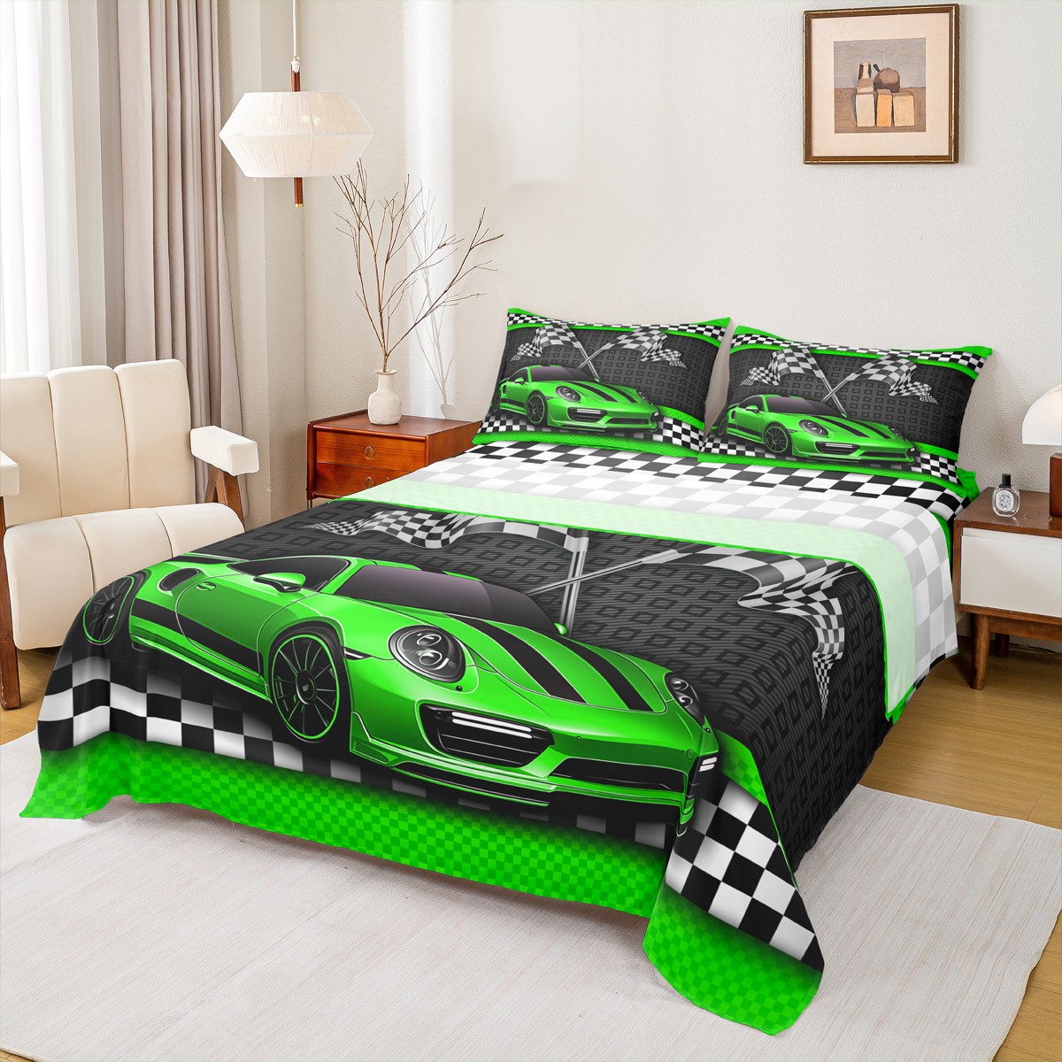 Erosebridal Racing Car Bed Sheets Full, Green Bedding Full Size, Black ...