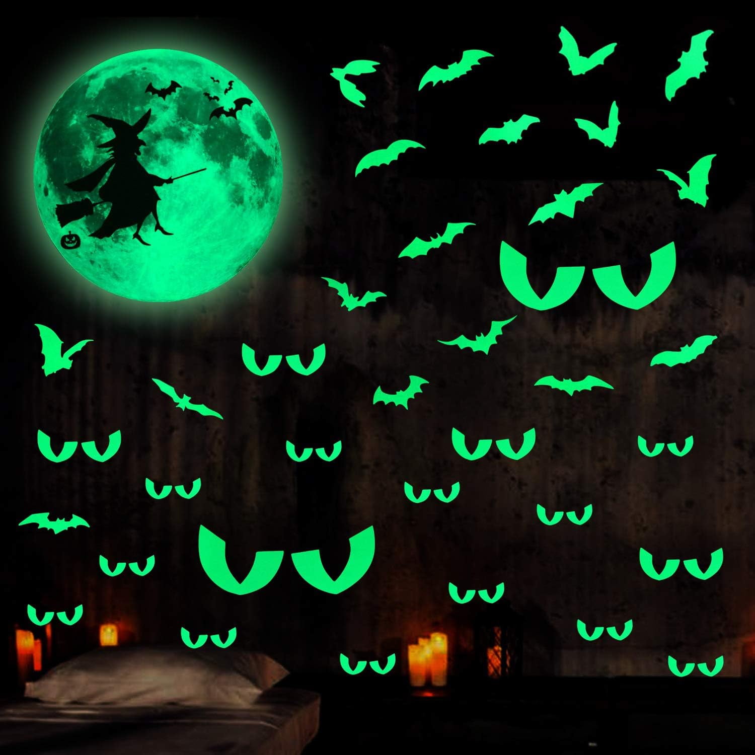54pcs Halloween Glow in The Dark Stickers Luminous Witch Moon Bats ...