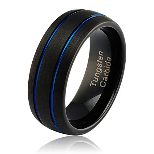 100S JEWELRY Black Matte Blue Grooves Tungsten Rings For Men Wedding ...