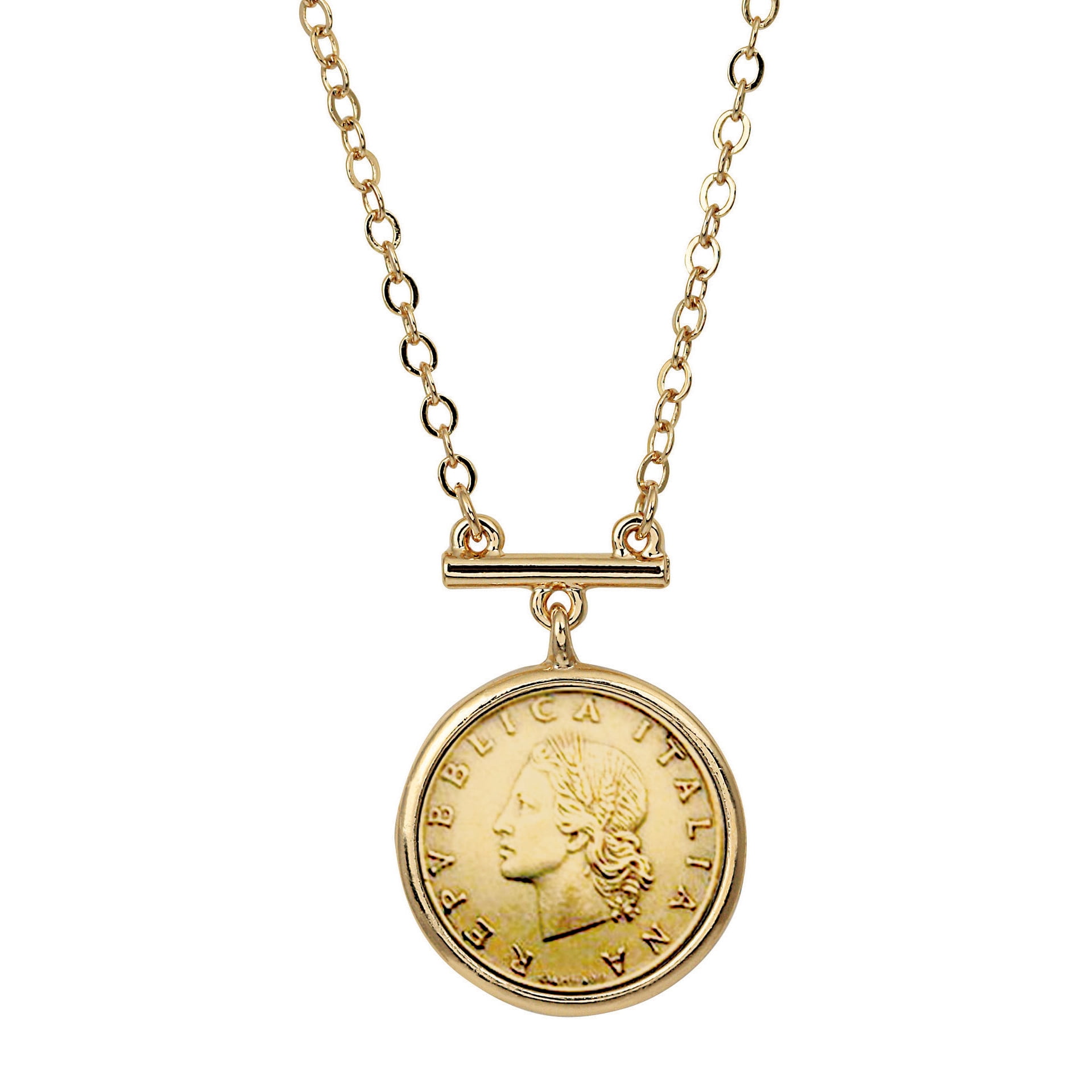 Italian 20 Lira Coin Pendant Bar Necklace | Goldtone Flat Cable | 18 ...