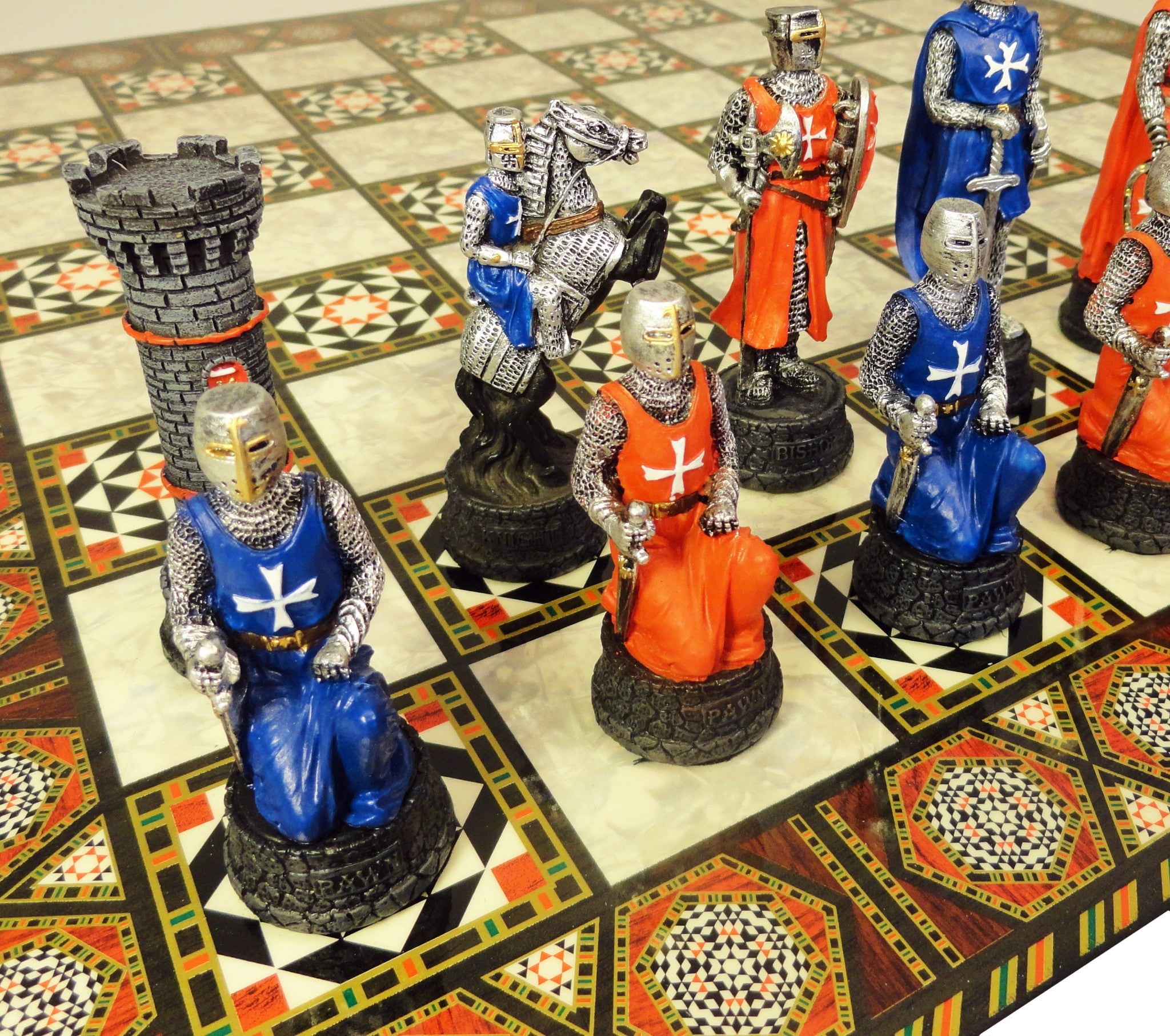 Medieval Times Crusades RED BLUE Maltese Knight Chess Set 17" Mosaic ...