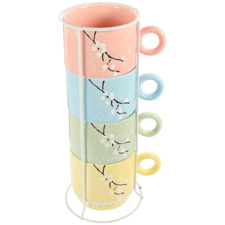 1 Set of Porcelain Stackable Coffee Mugs Set with Metal Stand Ceramic ...
