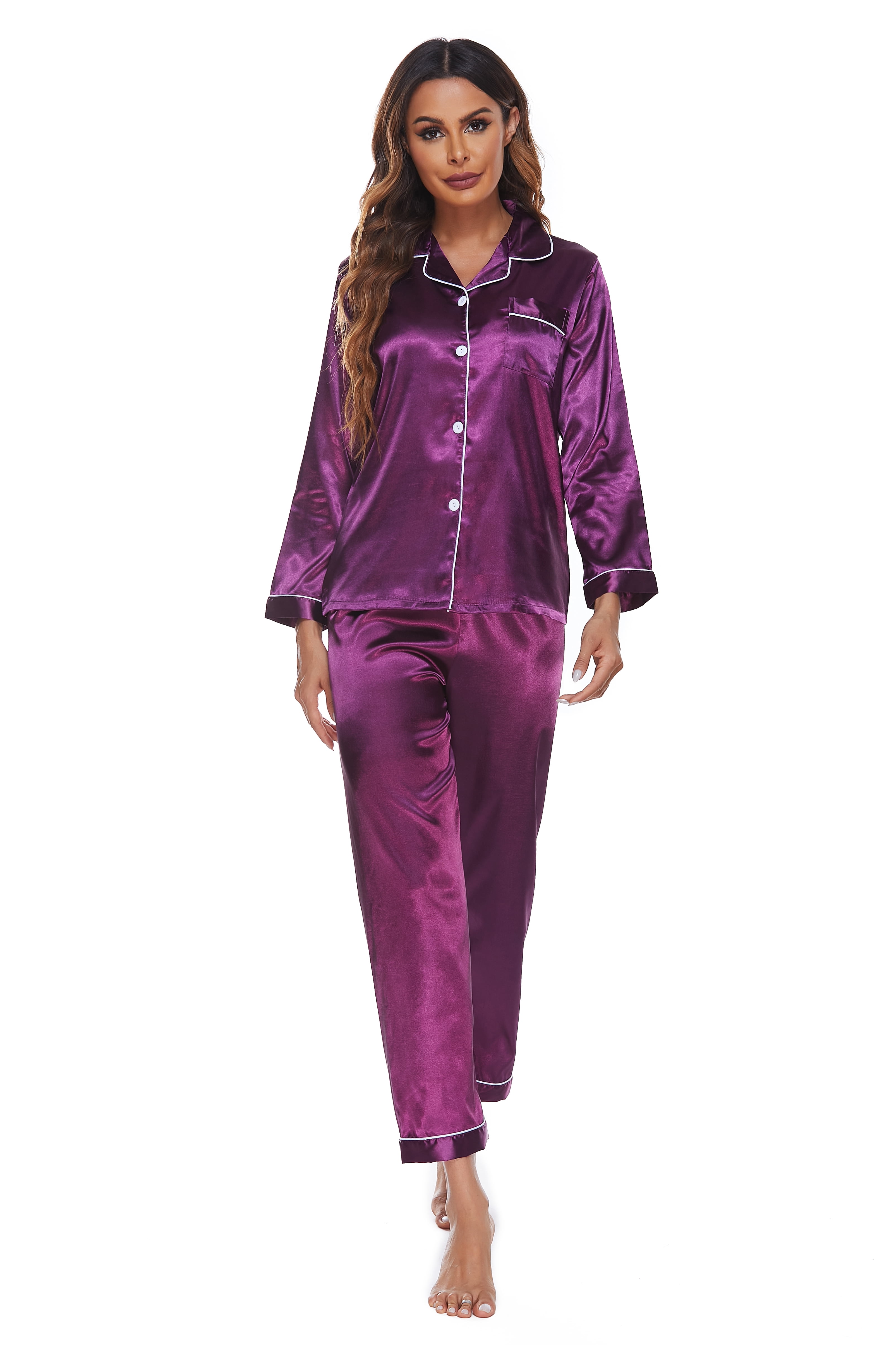 Elowel Silk Satin Pajama Set for Women - Button Down Sleepwear Pajamas ...