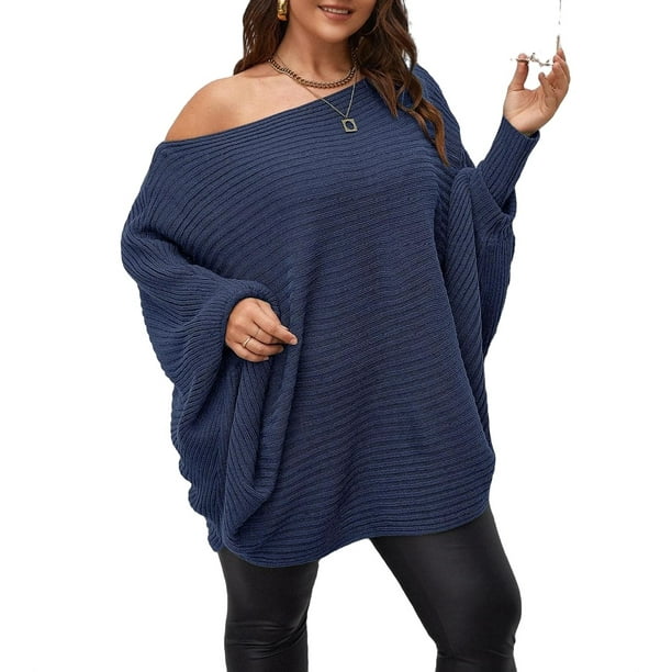 Casual Plain Off the Shoulder Pullovers Long Sleeve Navy Blue Plus Size ...