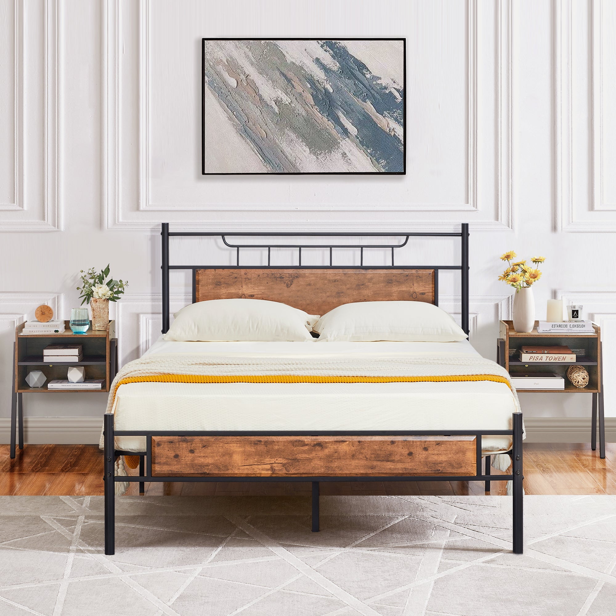 VECELO 3-piece Bedroom Set, Queen Size Metal and Wood Platform Bed ...