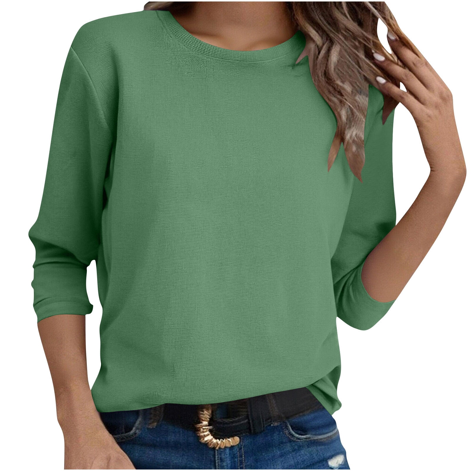 Click here for Prvdebri Womens Waffle Knit Long Sleeve Crewneck T... prices