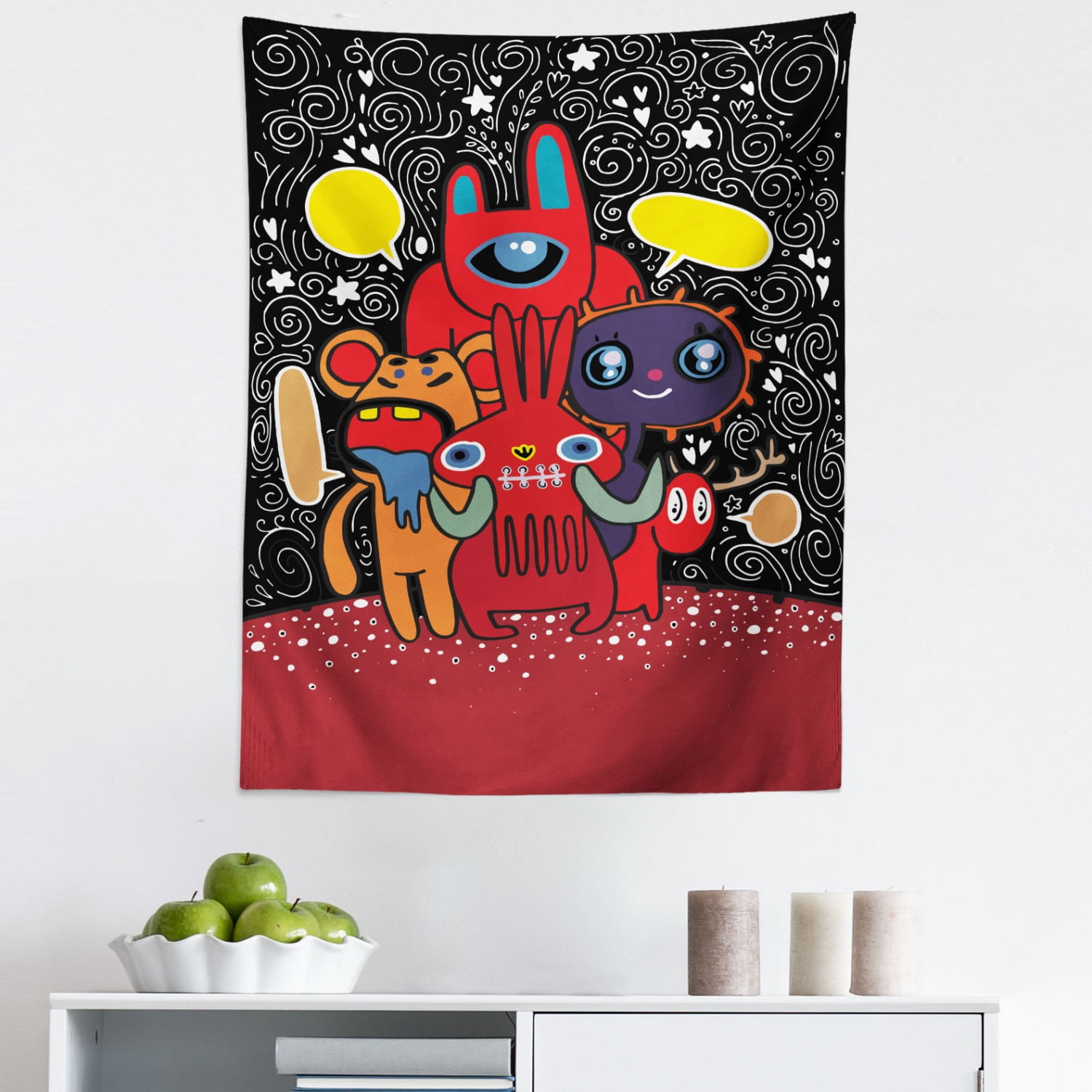 Indie Tapestry, Monster City Theme Funny Characters with Speech Bubbles ...