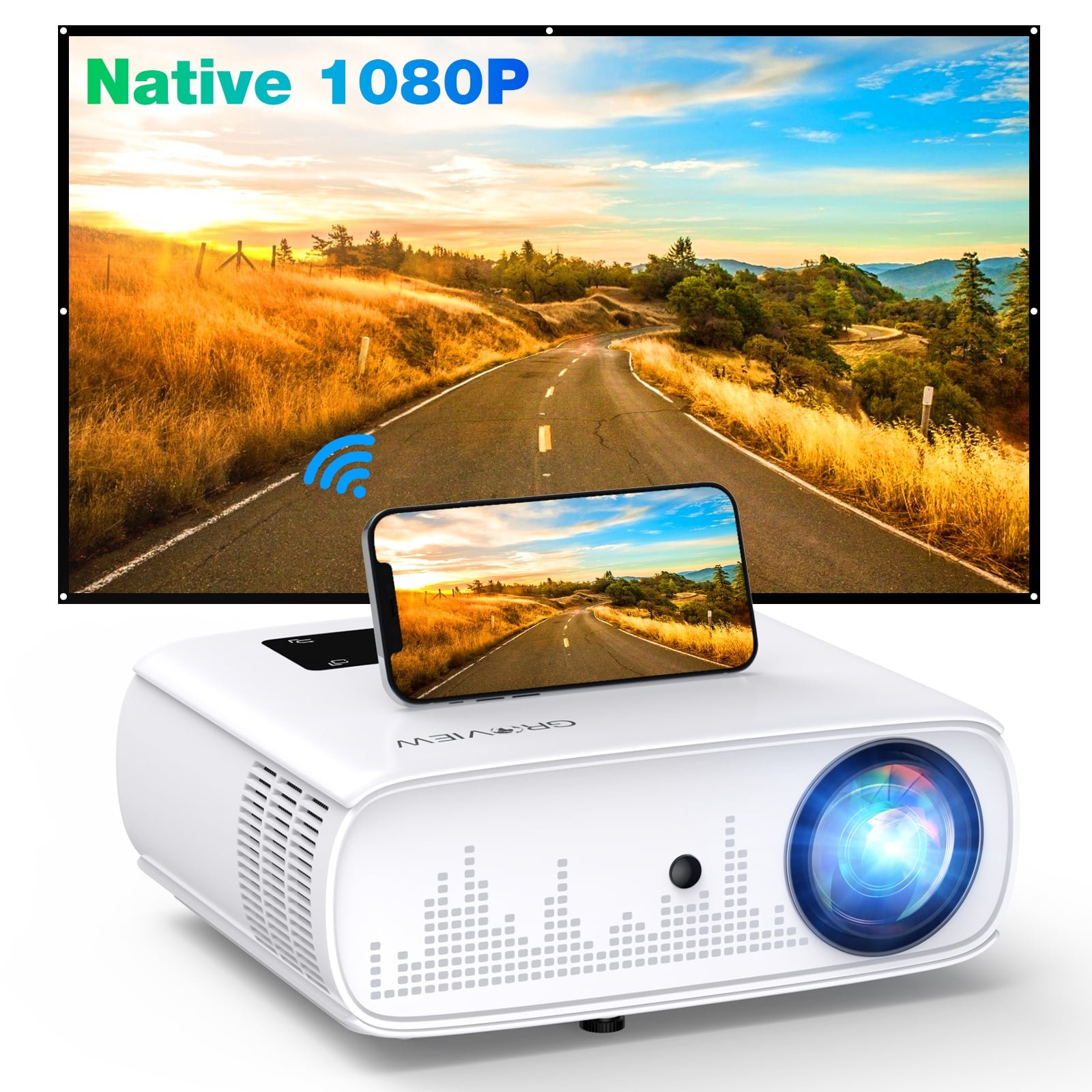GROVIEW Projector, 15000lux 490ANSI Native 1080P WiFi Bluetooth ...