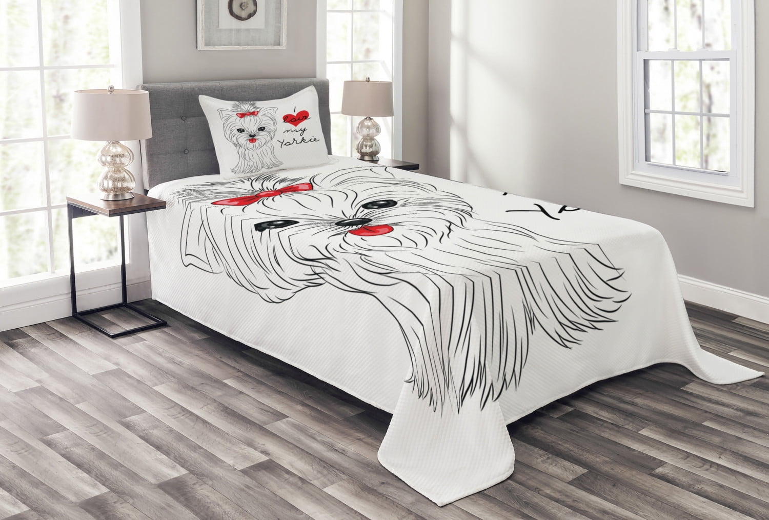 Yorkie Bedspread Set Twin Size, I Love My Yorkie Cute Terrier with its ...