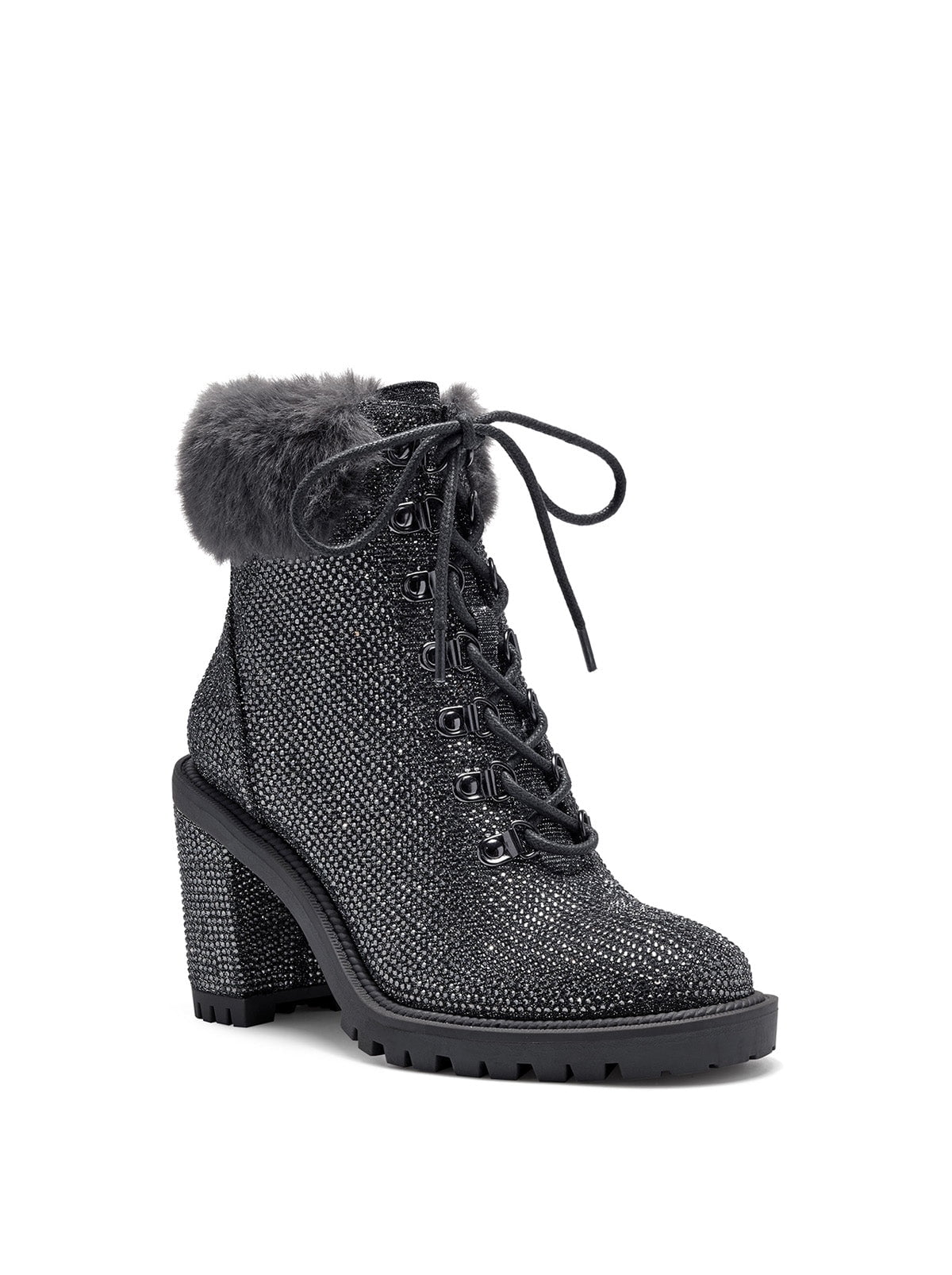 Jessica Simpson Deliah Pewter Multi Dazzling Fur Cuff Block Heel Combat ...