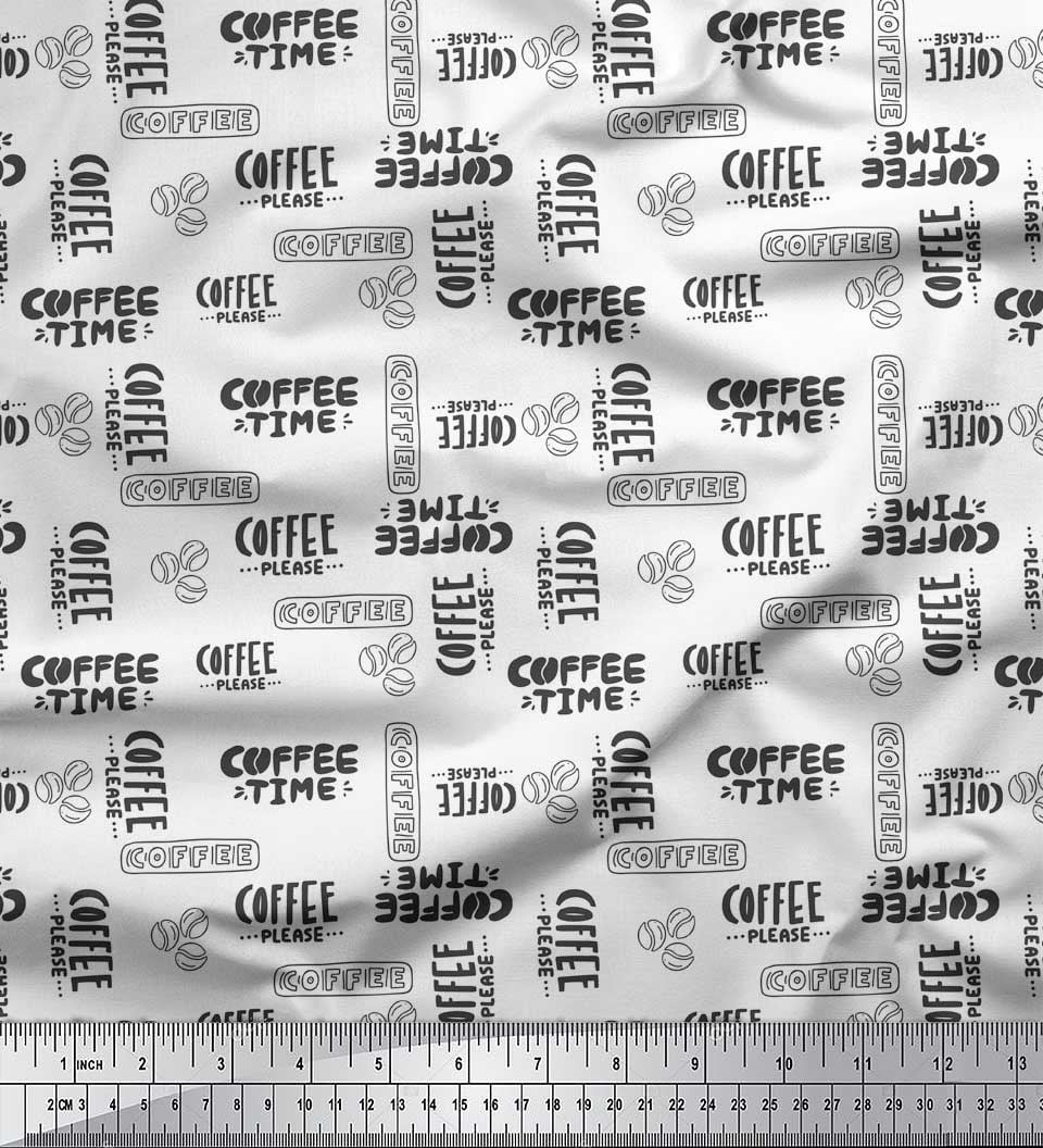 Soimoi White Cotton Poplin Fabric Coffee Time Text Print Fabric by the ...