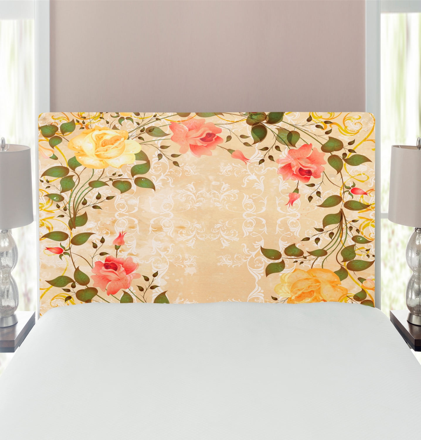 Vintage Headboard, Oval Shape Floral Crown Leaves and Roses over Damask ...