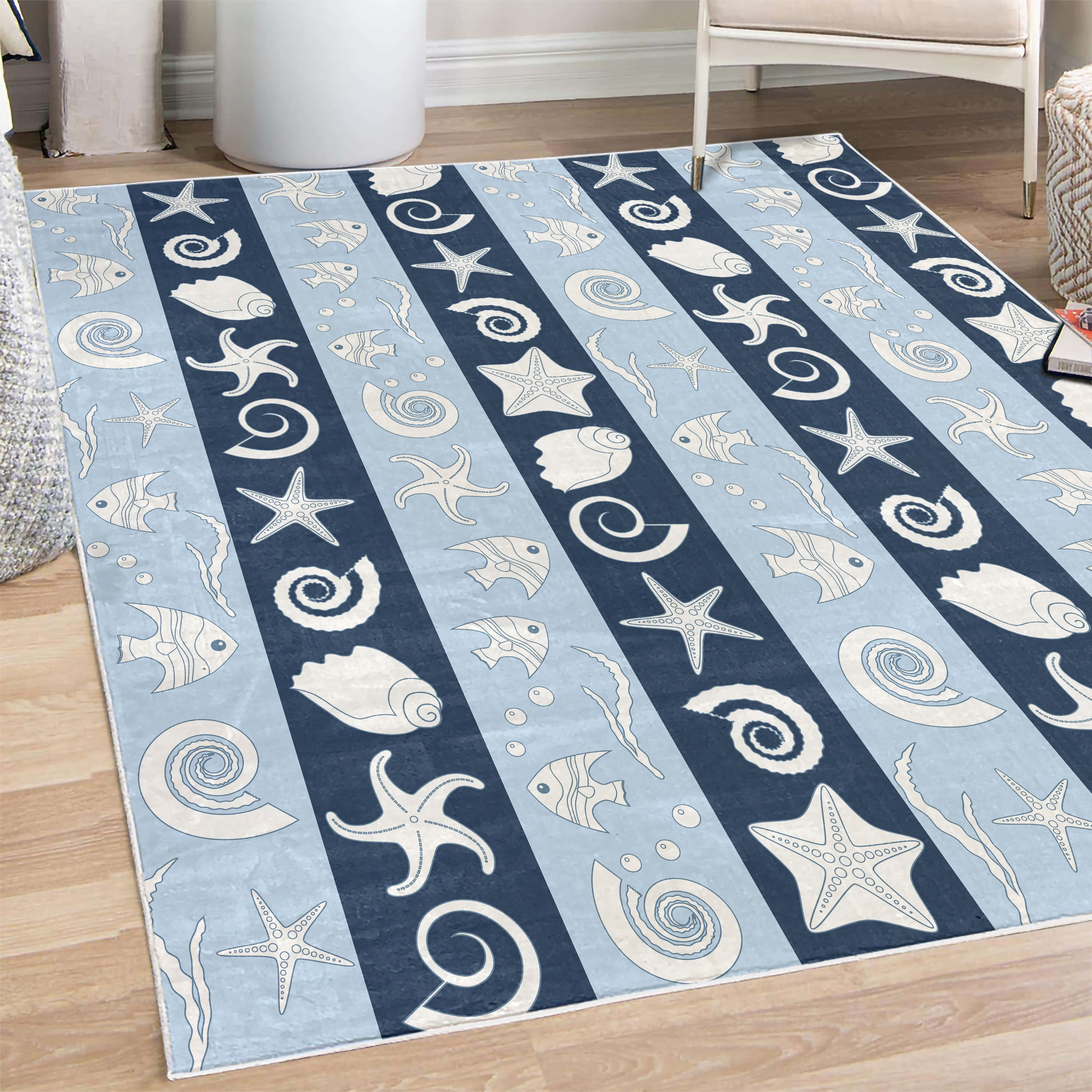 Nautical Decorative Rug, Marine Theme Sea Animals Fishes Shells on ...