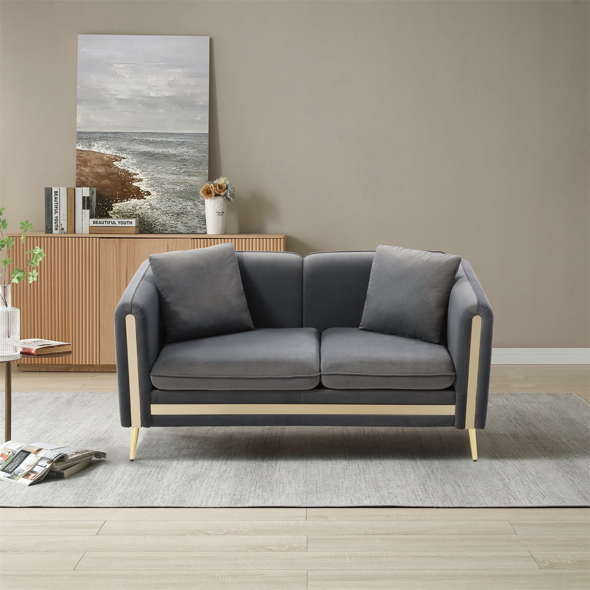 59 Inch Accent Sofa, 2 Seater Sofa Couch with Removable Cushions and ...