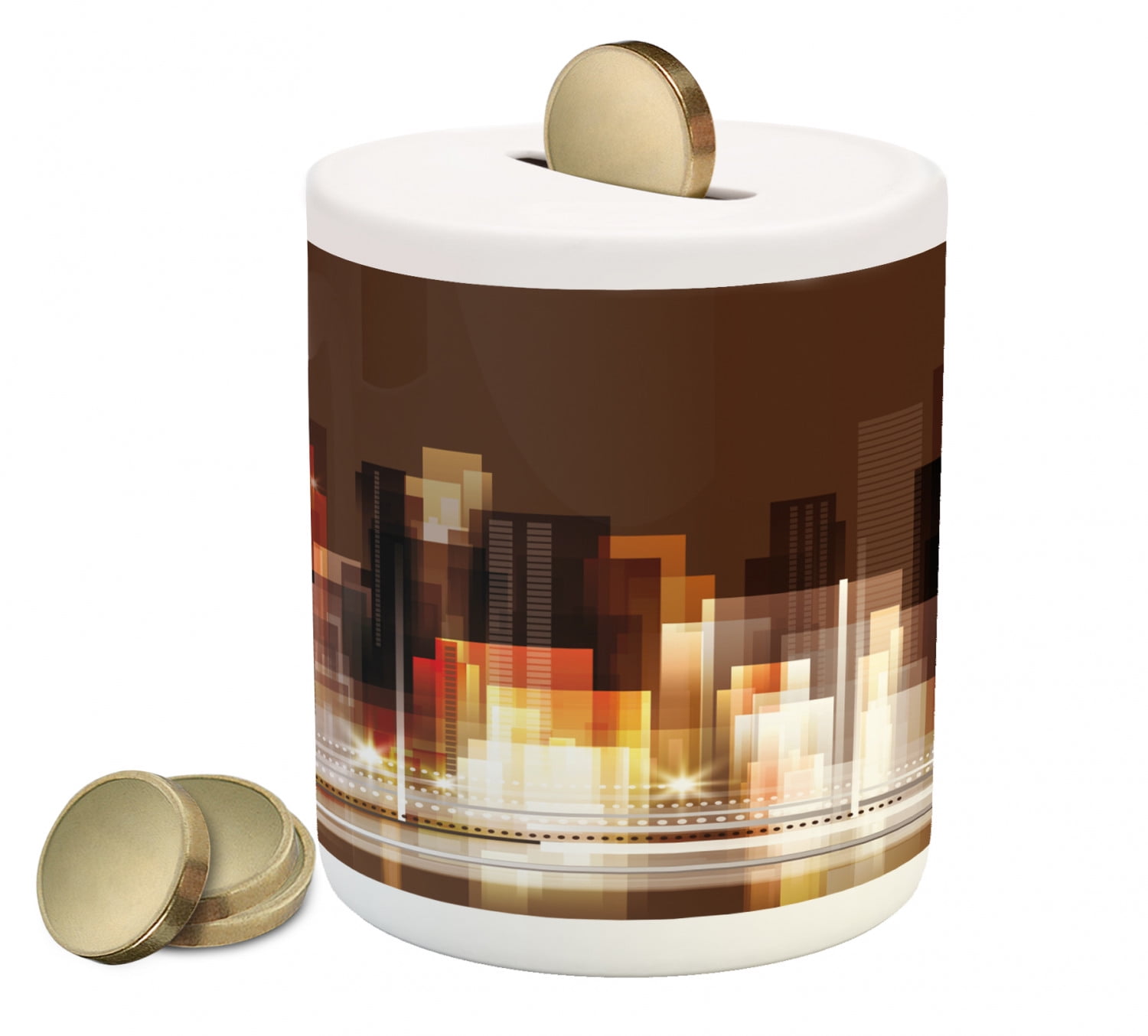 City Piggy Bank, Abstract Urban Downtown Vibrant Silhouettes Buildings ...