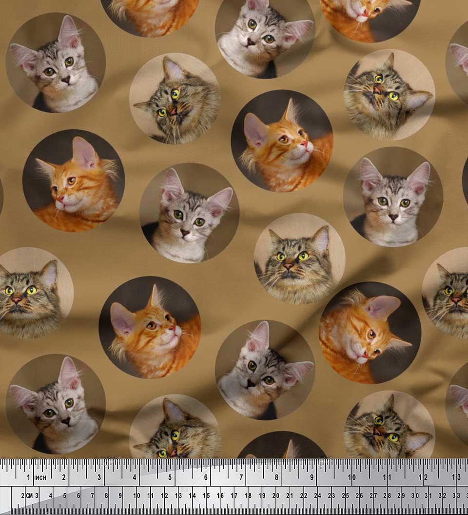 Soimoi Satin Silk Fabric Cat Face Animal Print Fabric by The Yard 42 ...